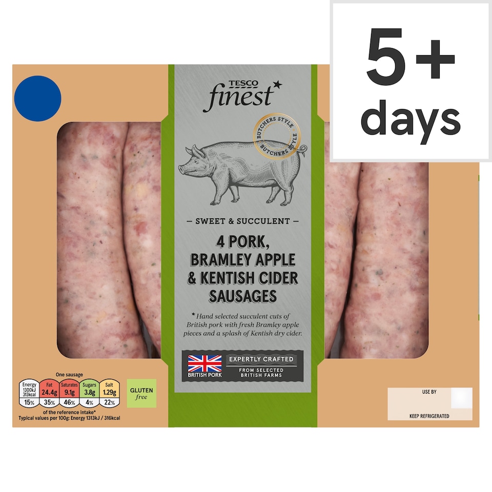 Tesco Finest 4 Pork, Bramley Apple & Kentish Cider Sausages 440g ...