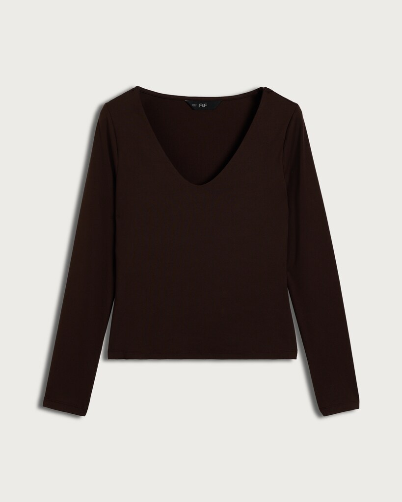 F&F Polyamide V Neck Long Sleeved Top in Chocolate - Tesco Groceries
