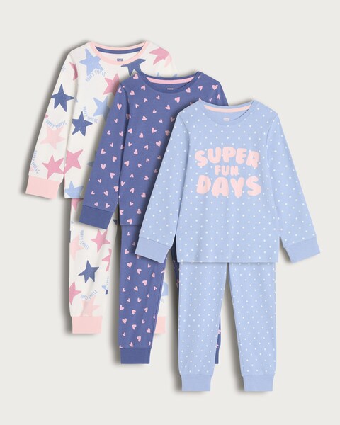 F&F Girls 3-Pack Pure Cotton Super Fun Days Printed Pyjamas in Blue ...