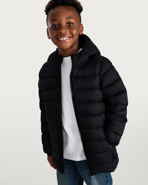 F&F Boys Padded Hooded Shower Resistant Jacket in Black - Tesco Groceries