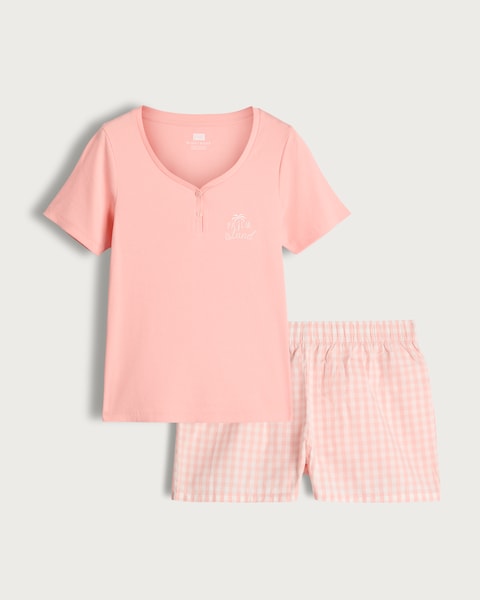 F&F Henley Gingham Pyjama Set in Coral - Tesco Groceries