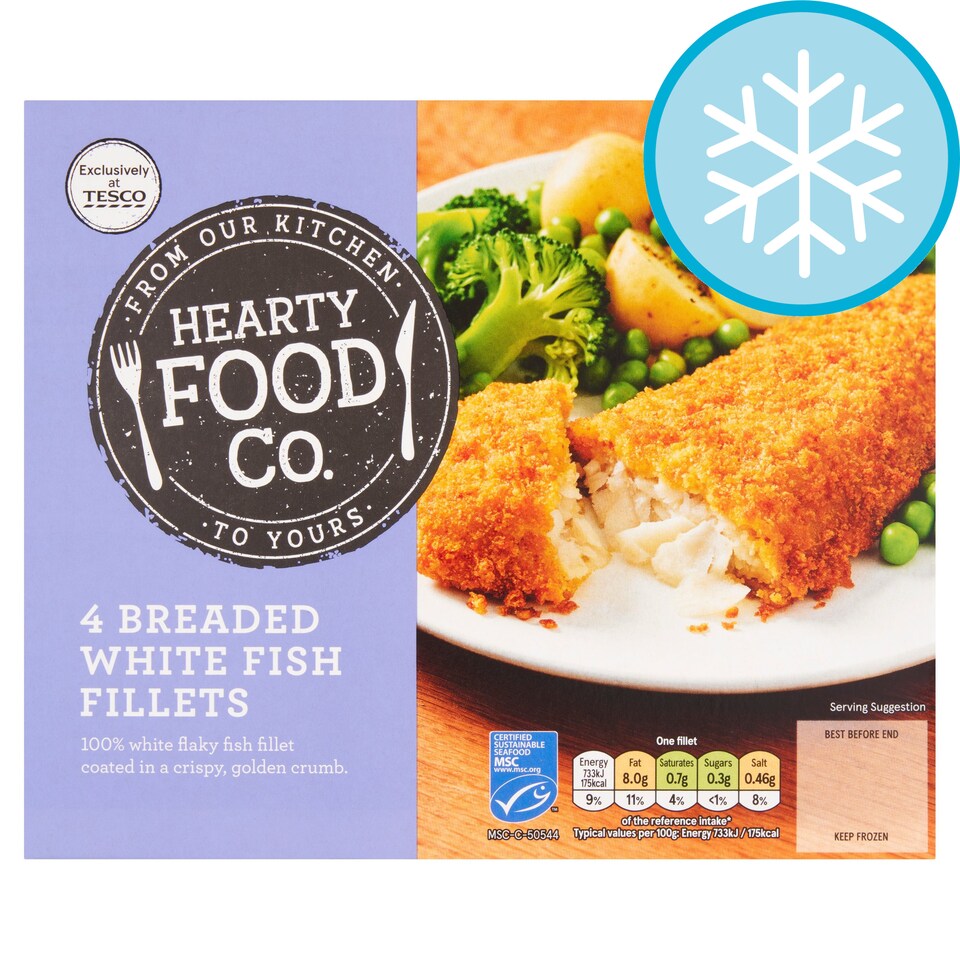 Hearty Food Co 4 Breaded White Fish Fillets 400G - Tesco Groceries