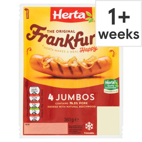 Herta Jumbo Frankfuter Hot Dogs 4 Pack 360G - Tesco Groceries