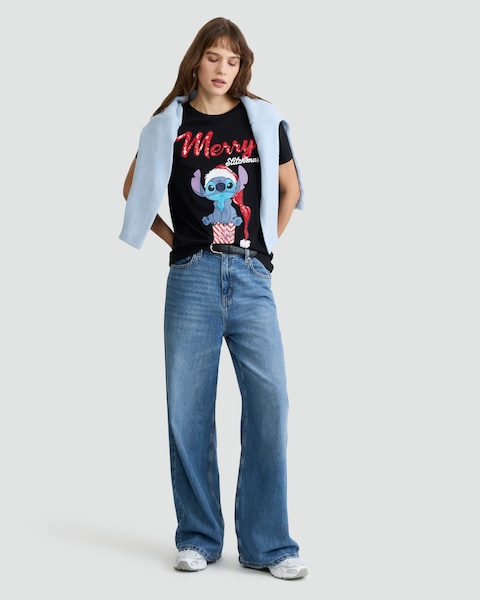 Disney Stitch Merry Stitchmas Slogan Pure Cotton T-Shirt in Black ...
