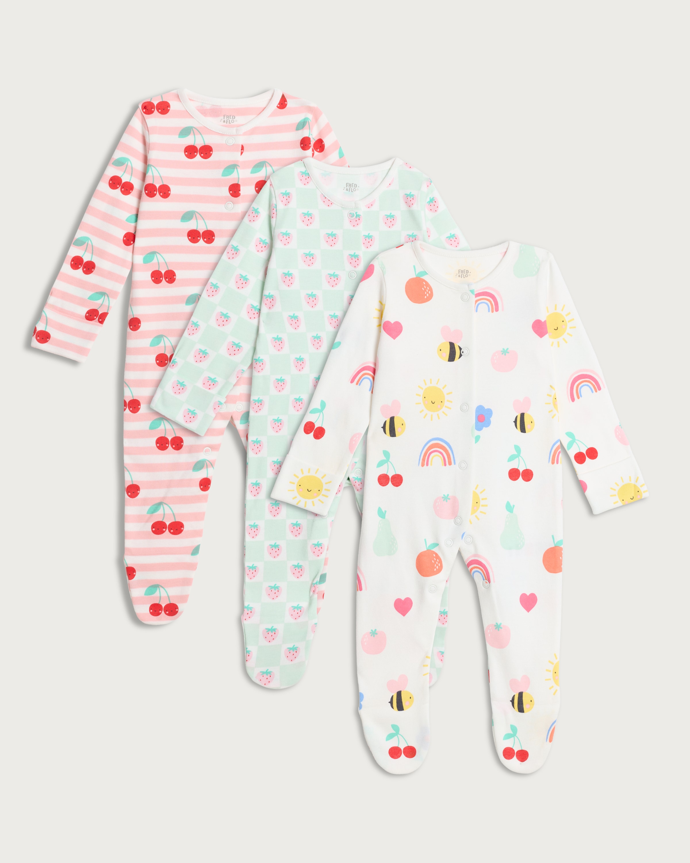 F&F Baby 3-Pack Pure Cotton Printed Sleepsuits in Pink - Tesco Groceries