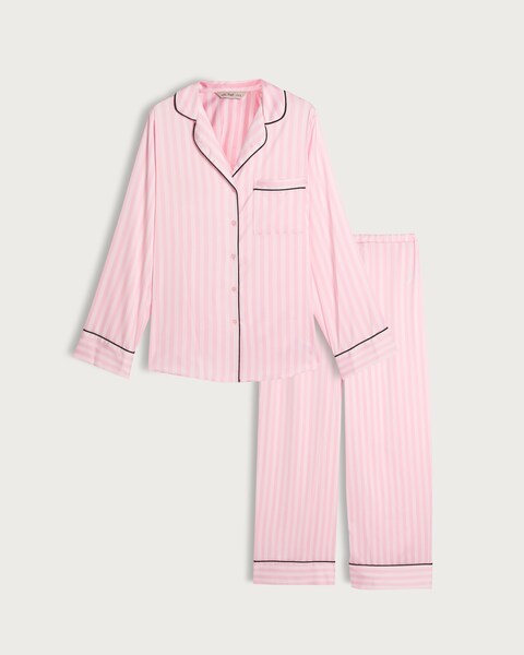 F&F Satin Revere Striped Pyjama Set in Pink - Tesco Groceries