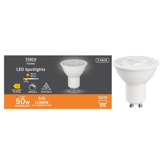 Tesco Led Spotlight Dimmable Warm White 50W Gu10 3 Pack - Tesco Groceries