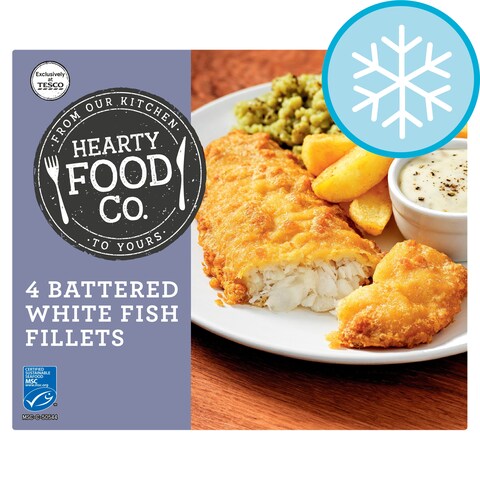 Hearty Food Co 4 Battered White Fish Fillets 500G - Tesco Groceries