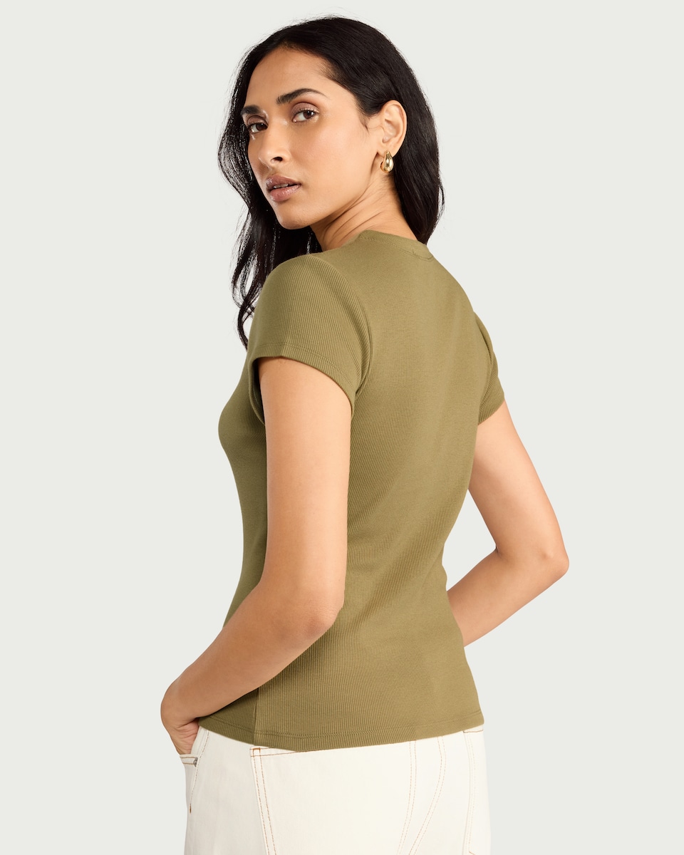 F&F Cotton Rich Ribbed Button Up Top in Olive - Tesco Groceries