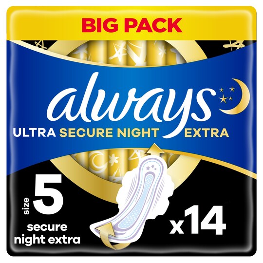 Always Ultra Sanitary Towels Secure Night Extra Wings Size 5 14Ct ...