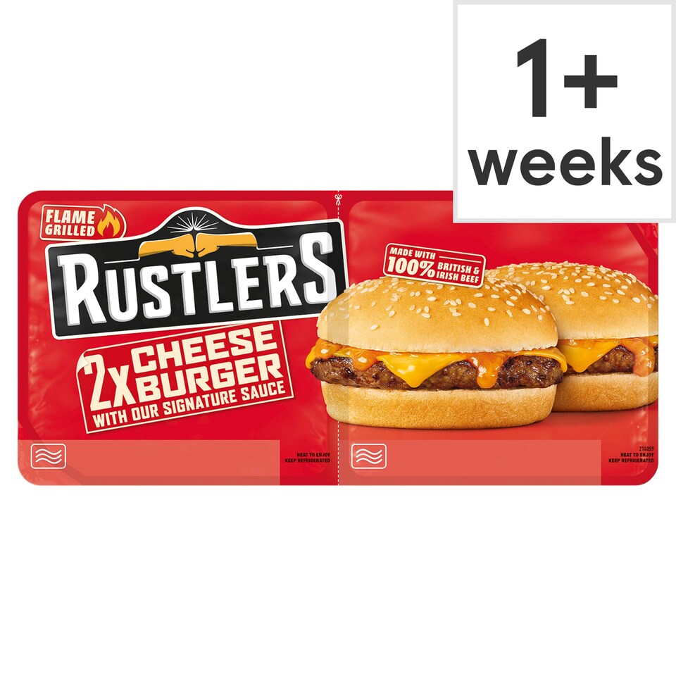Rustlers 2 Flame Grilled Cheese Burgers 264G - Tesco Groceries