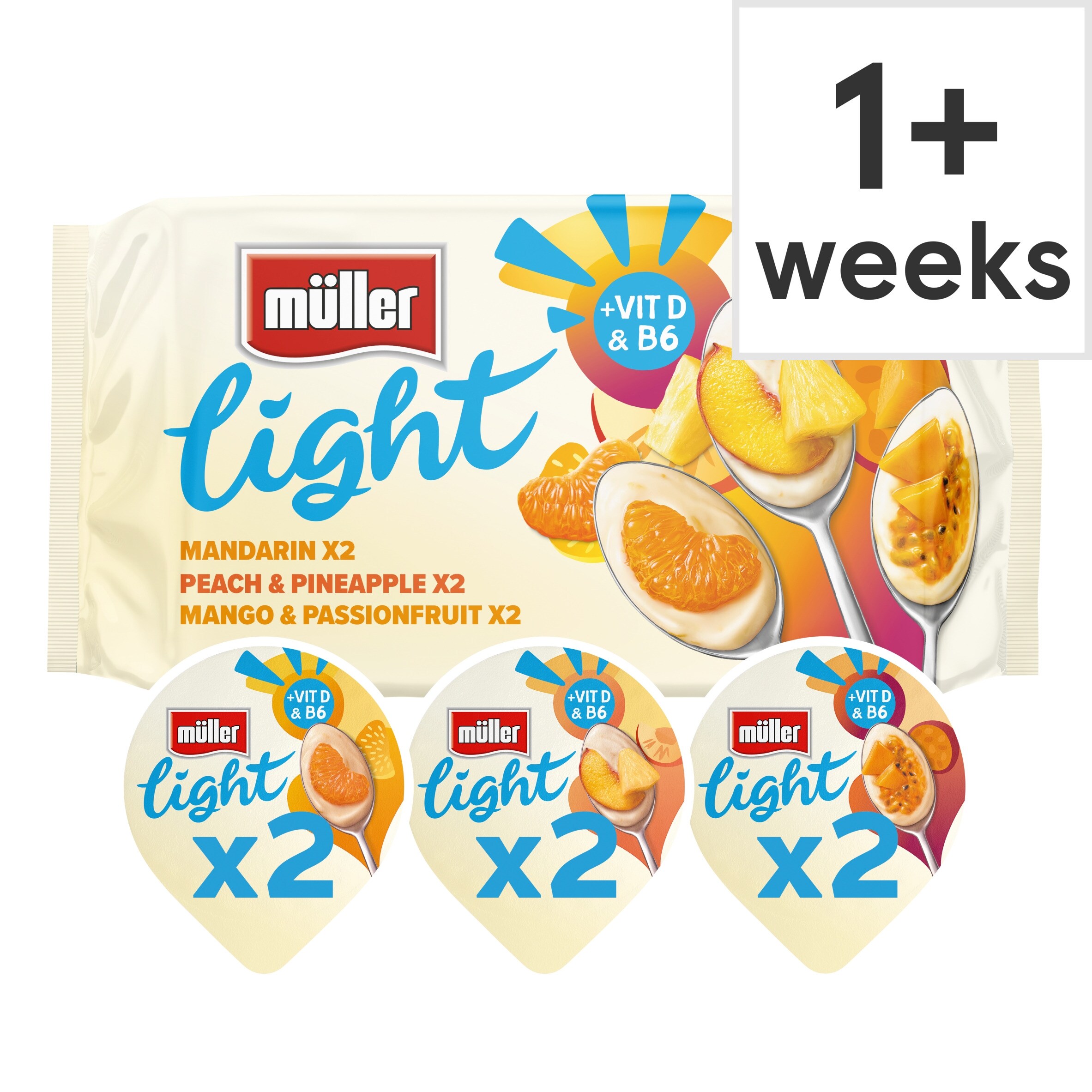 Muller Light Fat Free Mango Psn/Fruit Peach Yogurt 6X140g - Tesco Groceries