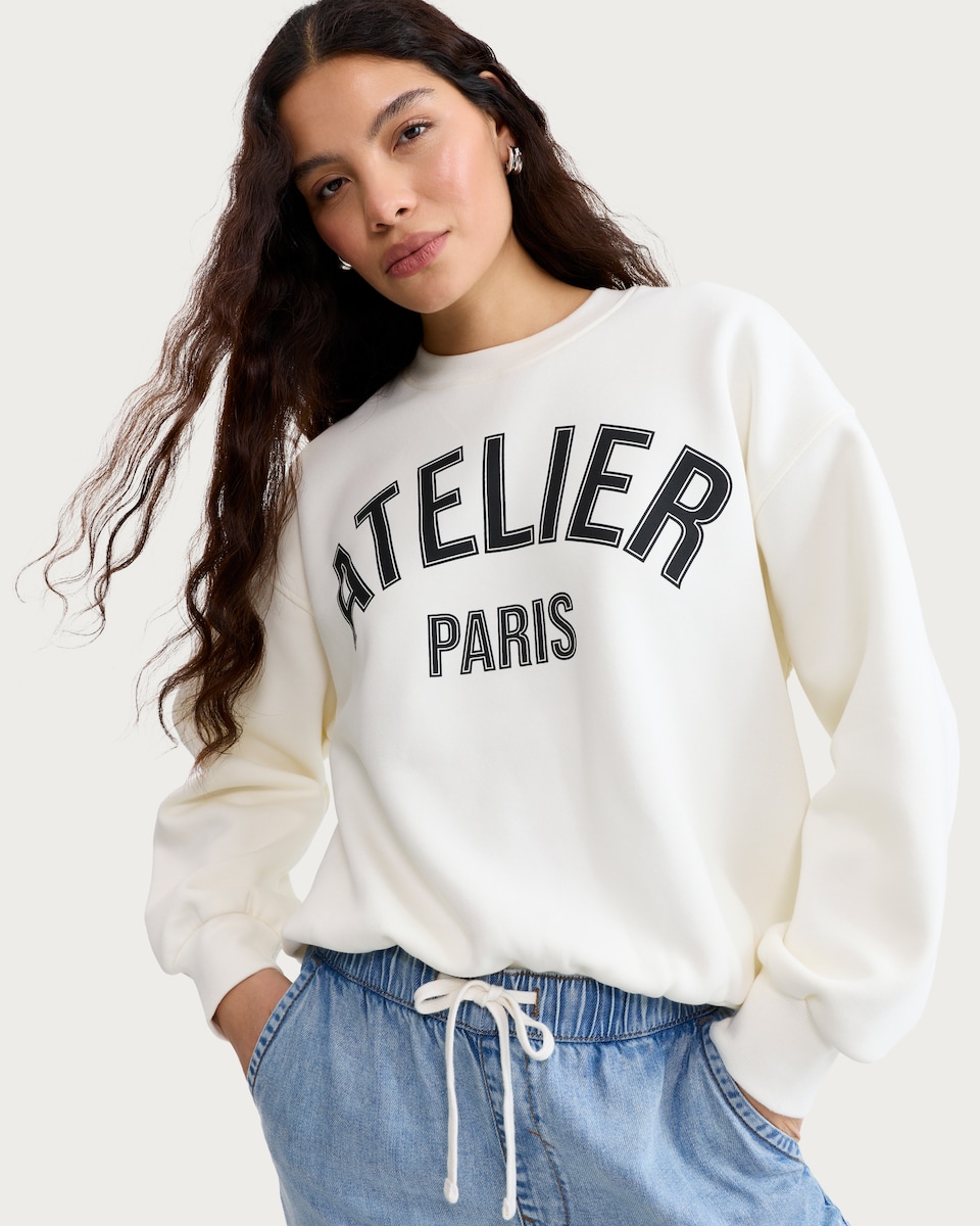 F&F Cotton Blend Atelier Paris Slogan Sweatshirt in Cream - Tesco Groceries