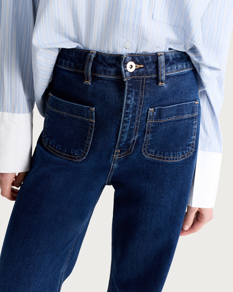 F&F High Rise Flared Patch Pocket Jeans in Navy - Tesco Groceries