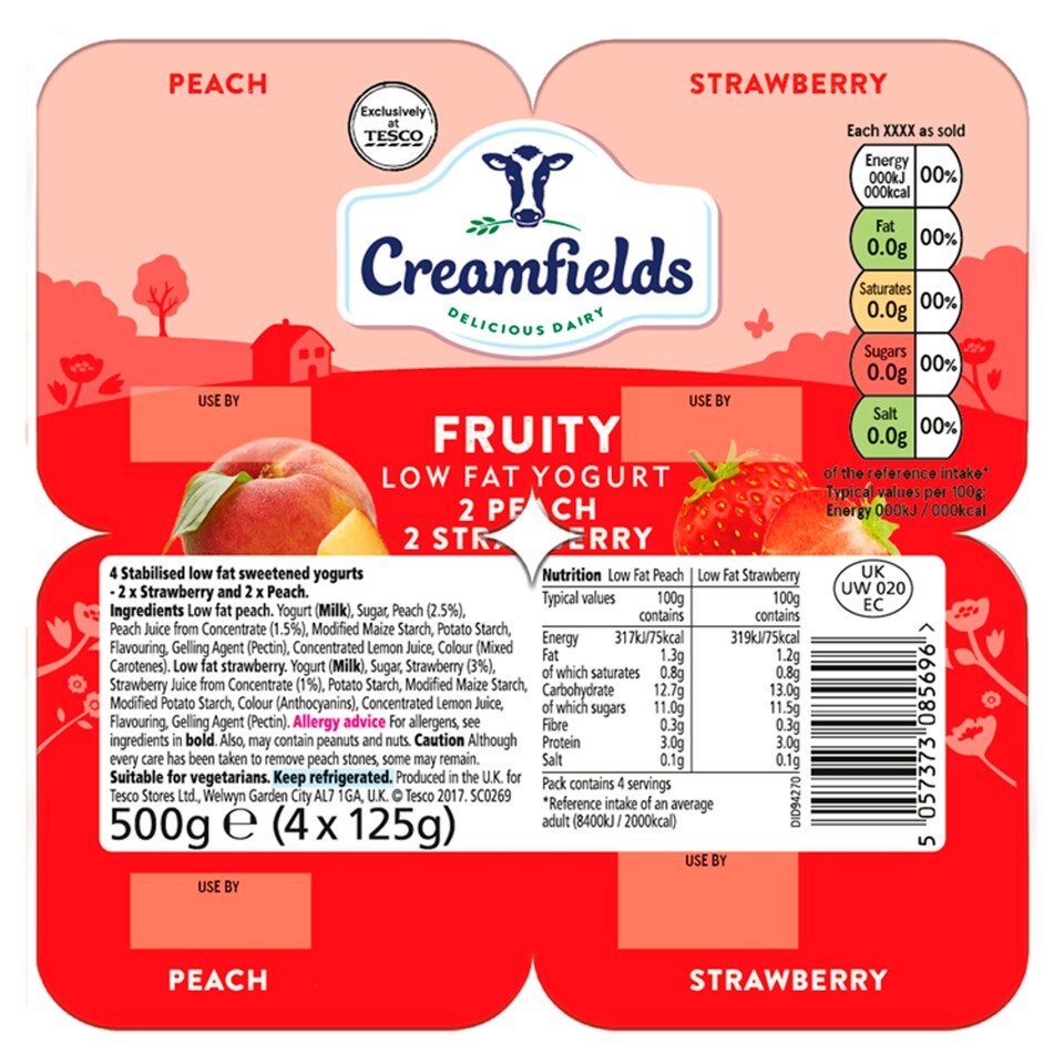 Creamfields Low Fat Strawberry & Peach Yogurt 4X125g - Tesco Groceries