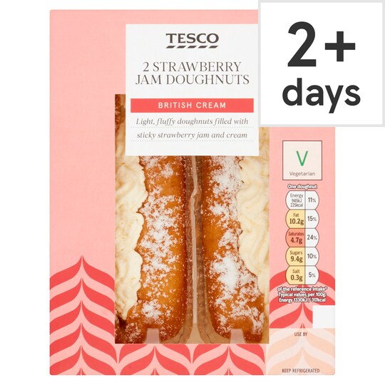 Tesco Cream & Strawberry Jam Doughnuts 2 Pack - Tesco Groceries