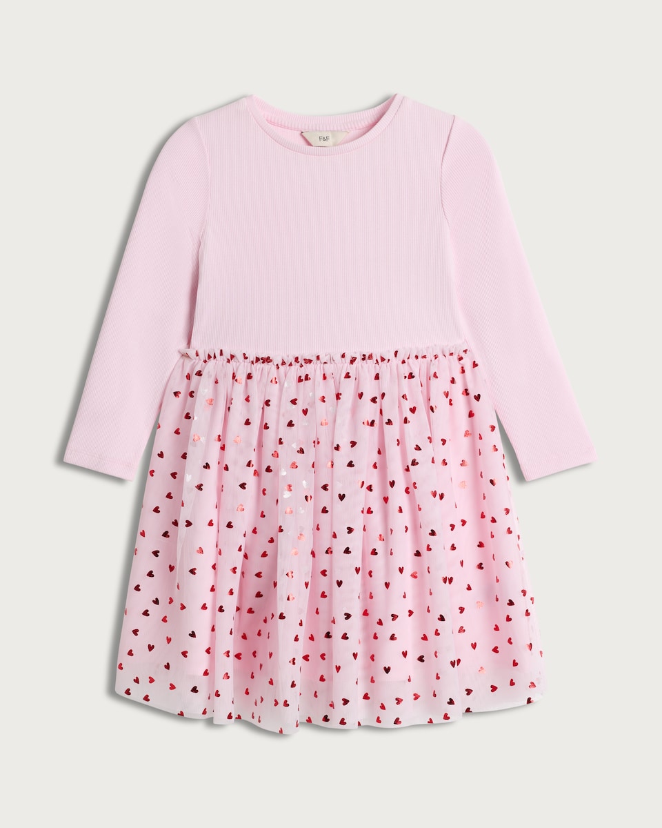 F&F Girls Heart Print Long Sleeved Dress in Pink - Tesco Groceries