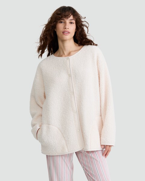 F&F Teddy Fleece Textured Pyjama Cardigan in Cream - Tesco Groceries