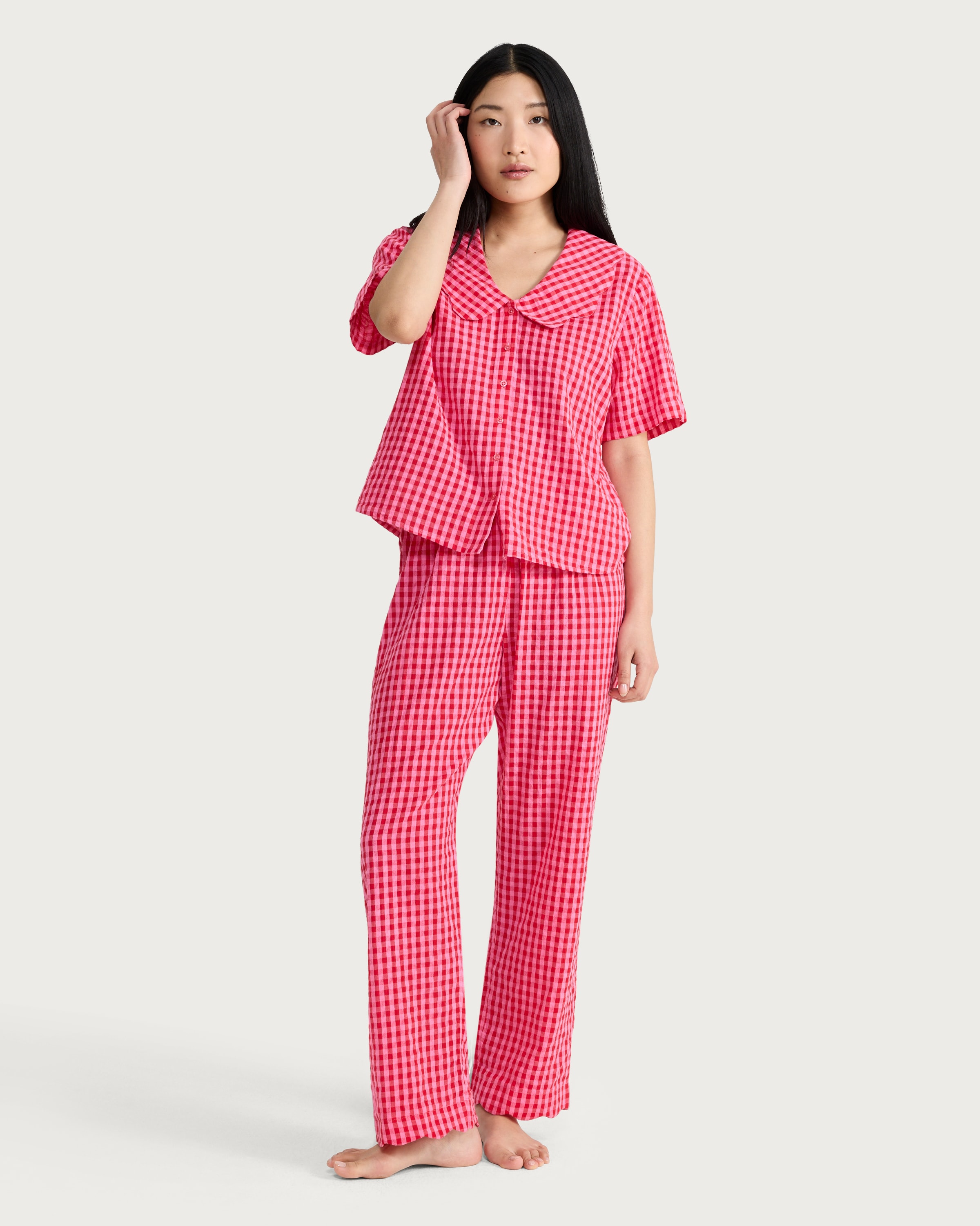 F&F Pure Cotton Gingham Pyjama Set in Multi Pink - Tesco Groceries