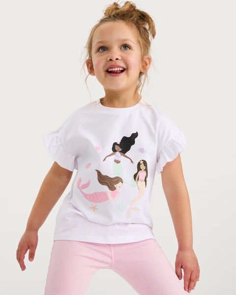 F&F Girls Mermaid Print T-Shirt in White - Tesco Groceries
