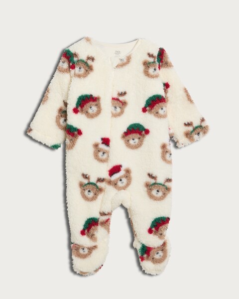 F&F Baby Fleece Teddy Bear Christmas Sleepsuit in White - Tesco Groceries