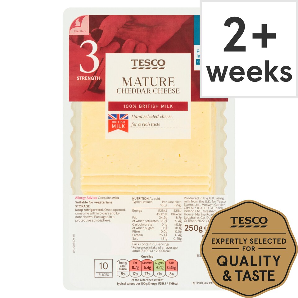 Tesco British Mature Cheddar Cheese 10 Slices, 250 G - Tesco Groceries