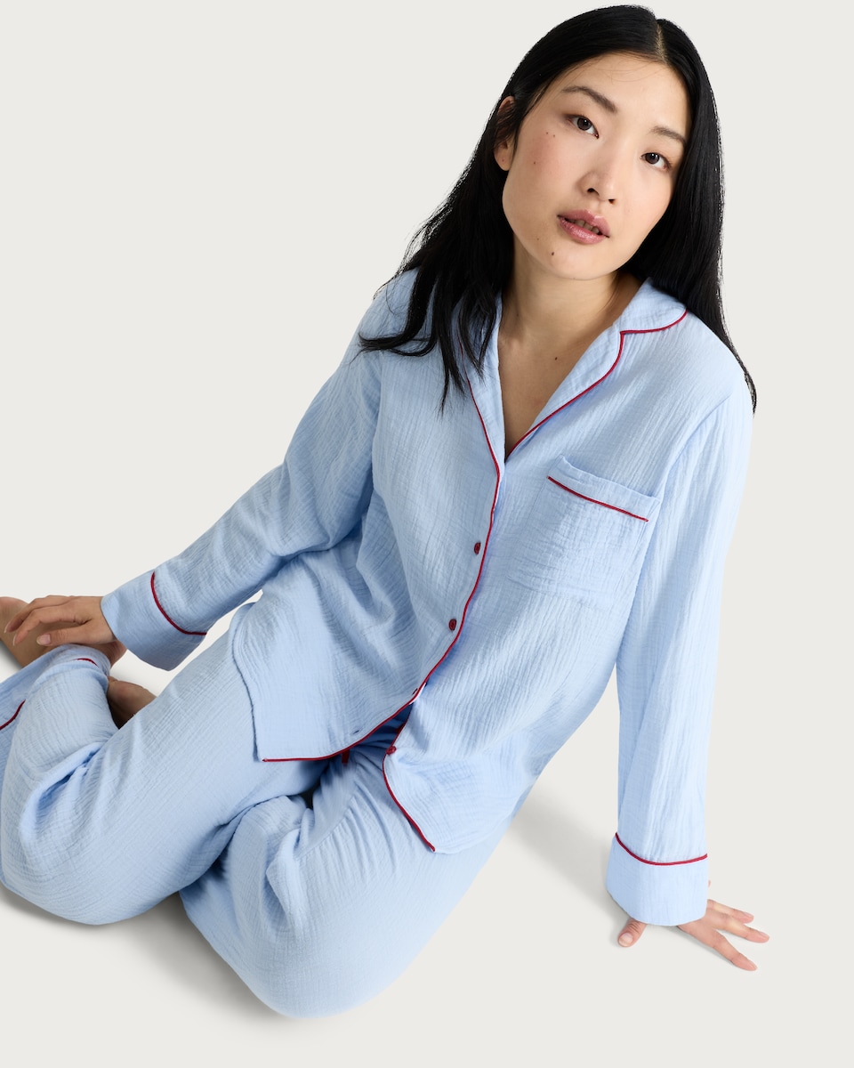 F&F Pure Cotton Textured Contrast Trim Pyjama Set in Blue - Tesco Groceries