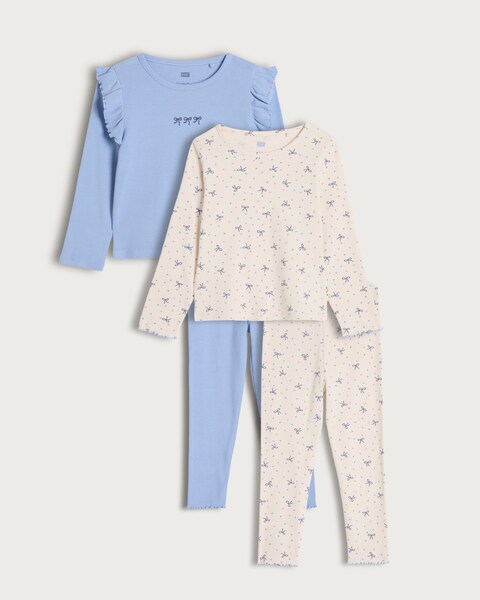 F&F Girls 2-Pack Cotton Rich Bow Print Pyjama Set in Blue - Tesco Groceries