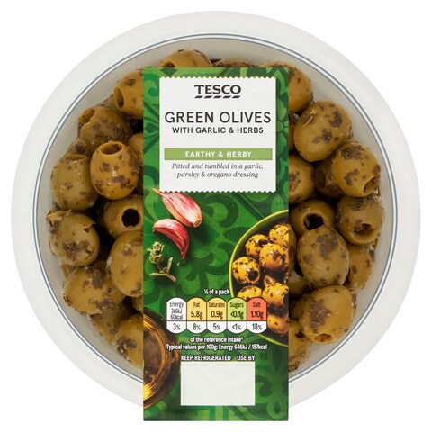 Tesco Green Olives With Garlic & Herbs 300G - Tesco Groceries