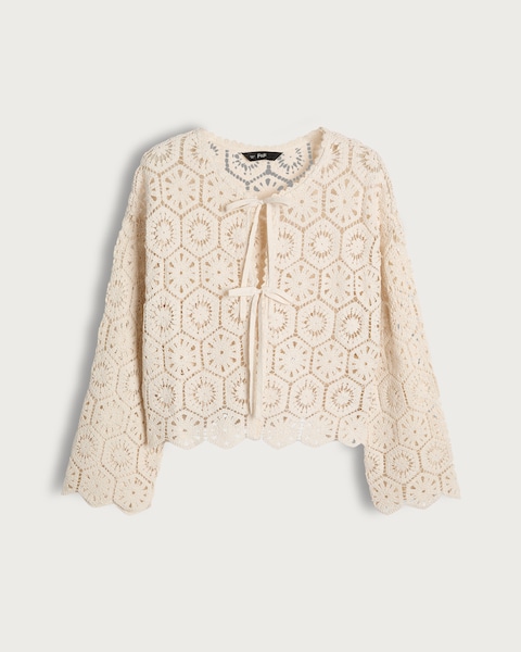 F&F Cotton Rich Crochet Tie Front Cardigan in Cream - Tesco Groceries