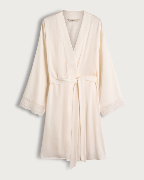 F&F Satin Lace Trim Satin Robe in Ecru - Tesco Groceries