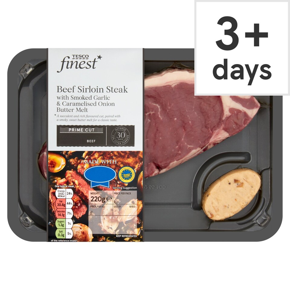 Tesco Finest Sirloin Steak With Garlic & Onion Butter 220G - Tesco ...