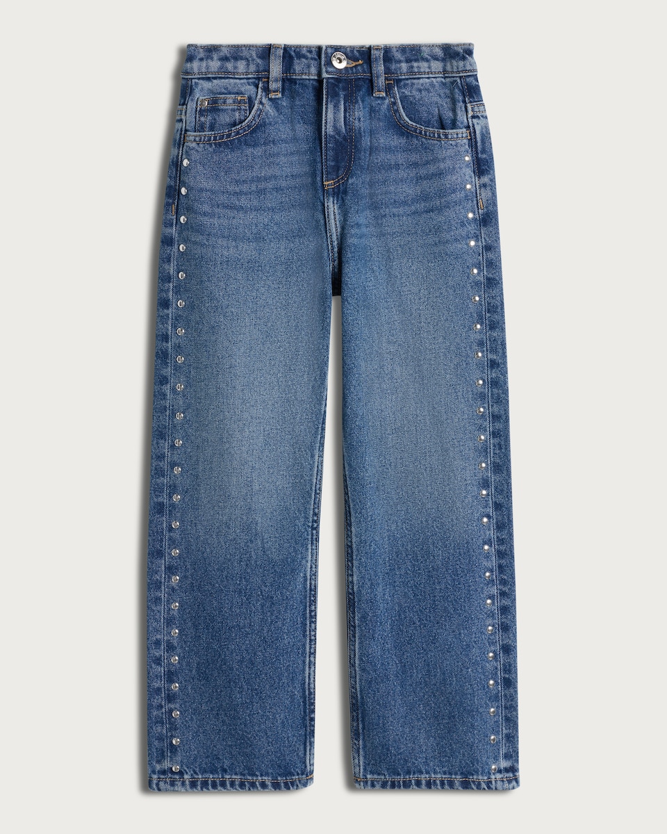 F&F Girls Pure Cotton Studded Wide Leg Jeans in Blue - Tesco Groceries