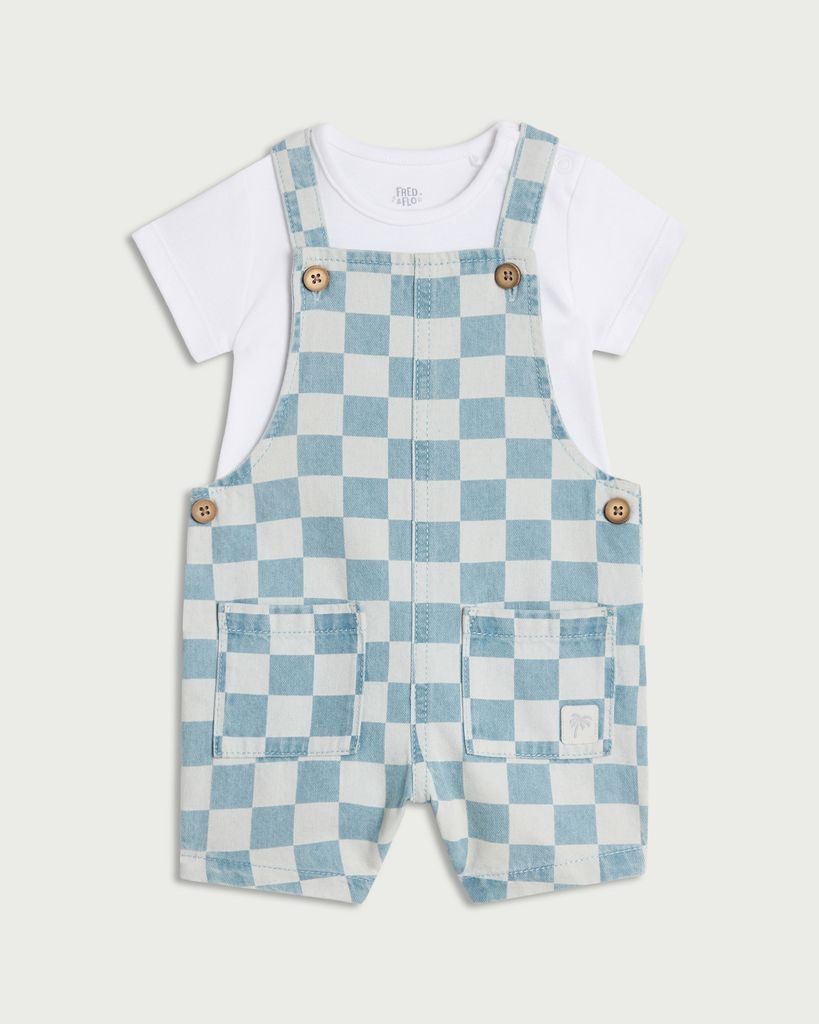 F&F Baby 2-Piece Pure Cotton Check Dungarees and Bodysuit Set in Blue ...