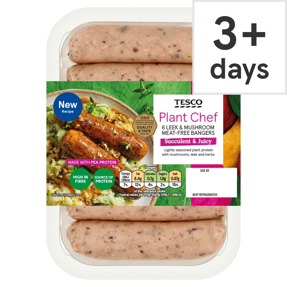 Tesco Plant Chef 6 Leek & Mushroom Meat-Free Bangers 300G - Tesco Groceries