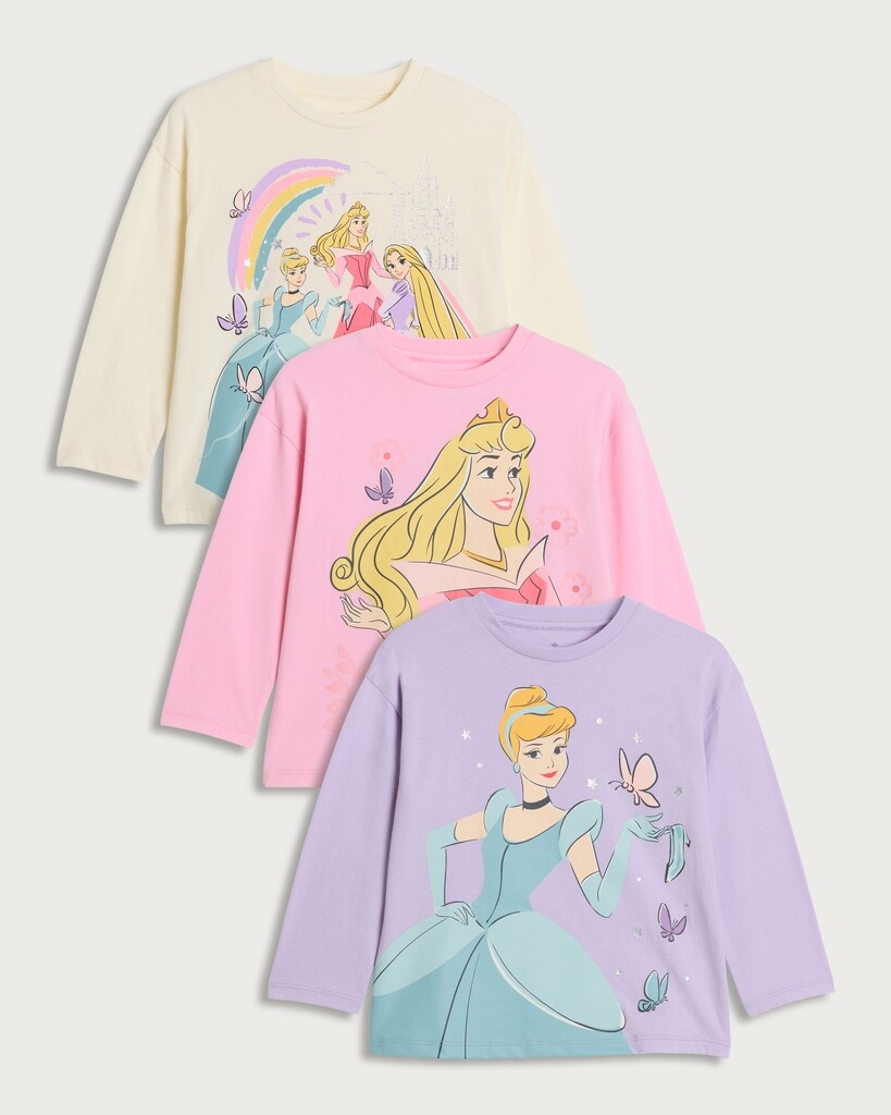 Disney Princess 3-Pack Pure Cotton Long Sleeved Tops in Multi Pink ...