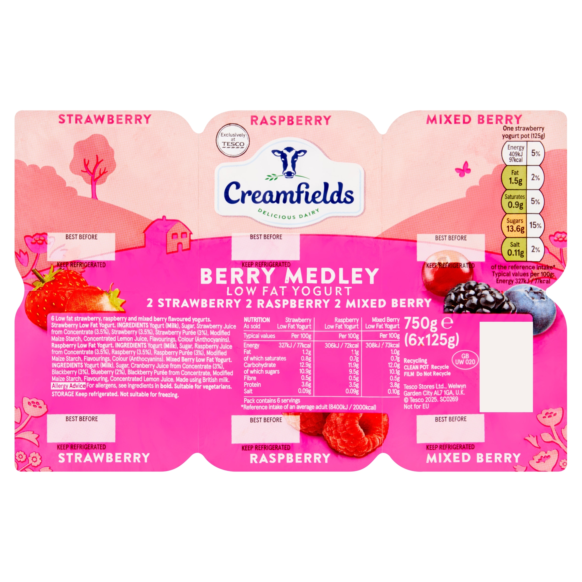 CREAMFIELDS BERRY MEDLEY LOW FAT YOGURT 6X125G - Tesco Groceries