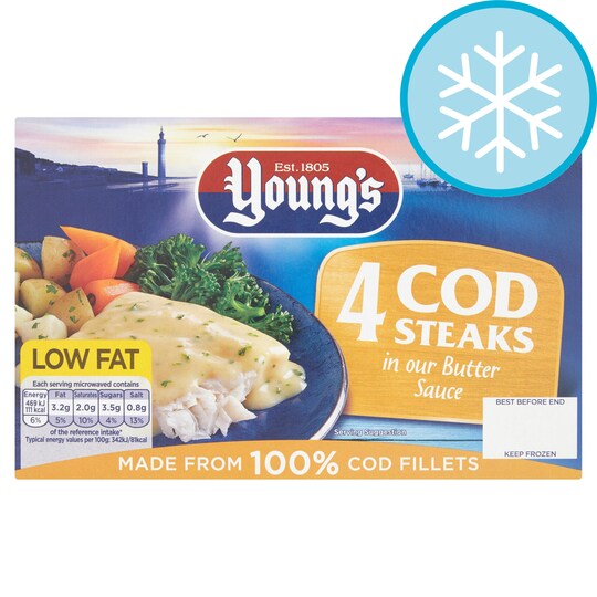 Youngs 4 Cod Steaks In Butter Sauce 560G - Tesco Groceries
