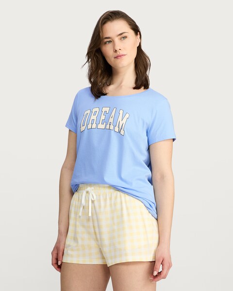 F&F Dream Slogan Gingham Short Pyjama Set in Blue - Tesco Groceries