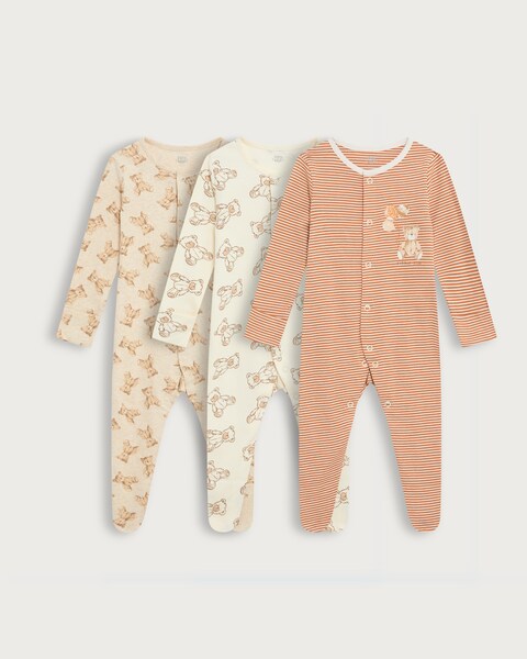 F&F Baby 3-Pack Teddy Bear Print Sleepsuits in White - Tesco Groceries