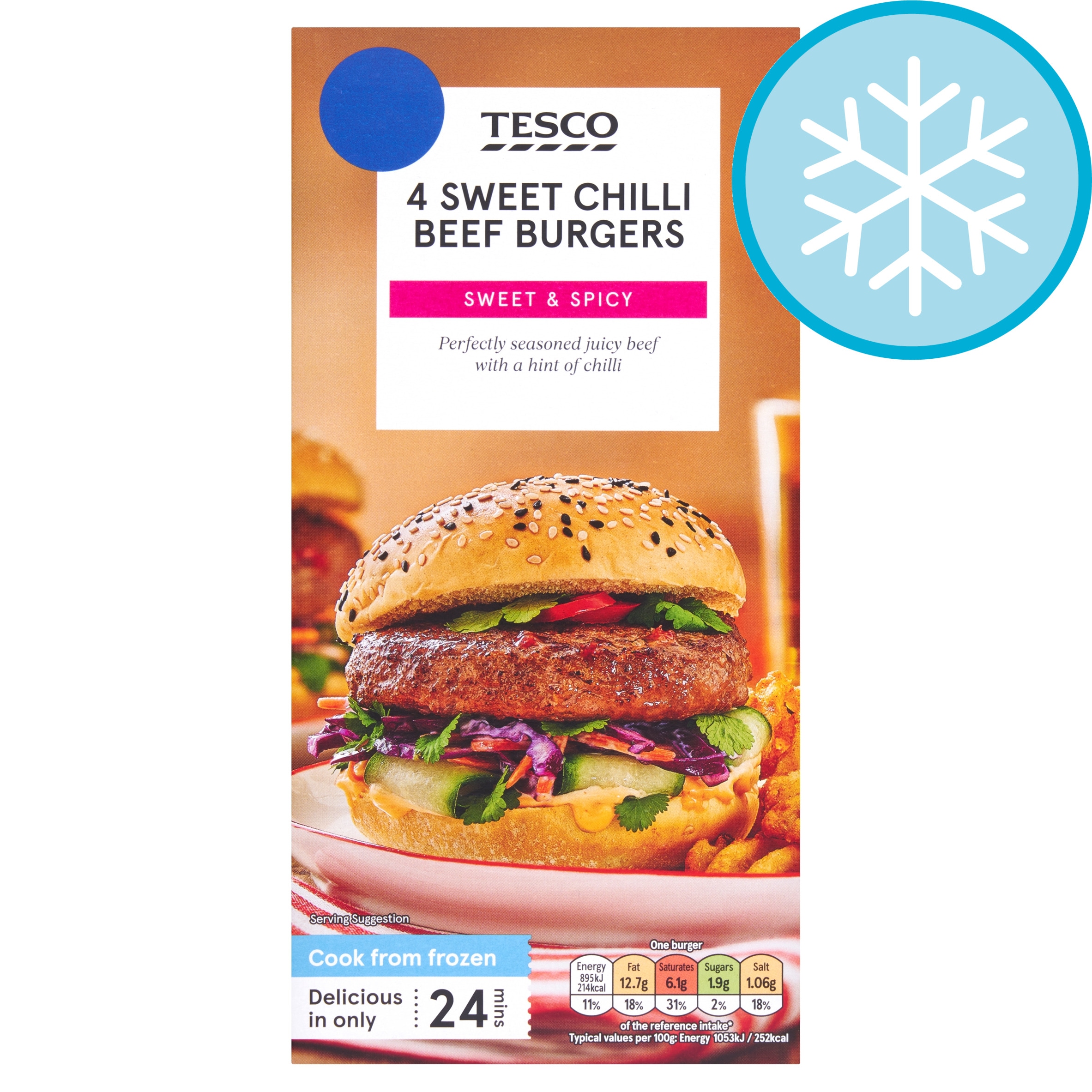 Tesco Sweet Chilli Beef Burgers - 4 Pack 454g - Tesco Groceries