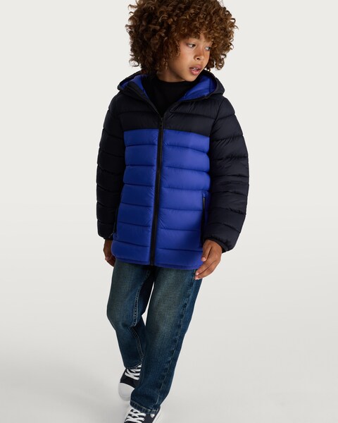 F&F Boys Padded Hooded Shower Resistant Jacket in Blue - Tesco Groceries