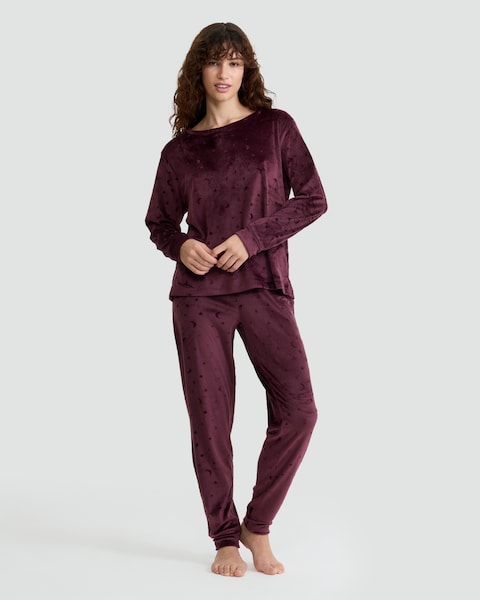 F&F Fleece Moon and Star Print Pyjamas in Burgundy - Tesco Groceries