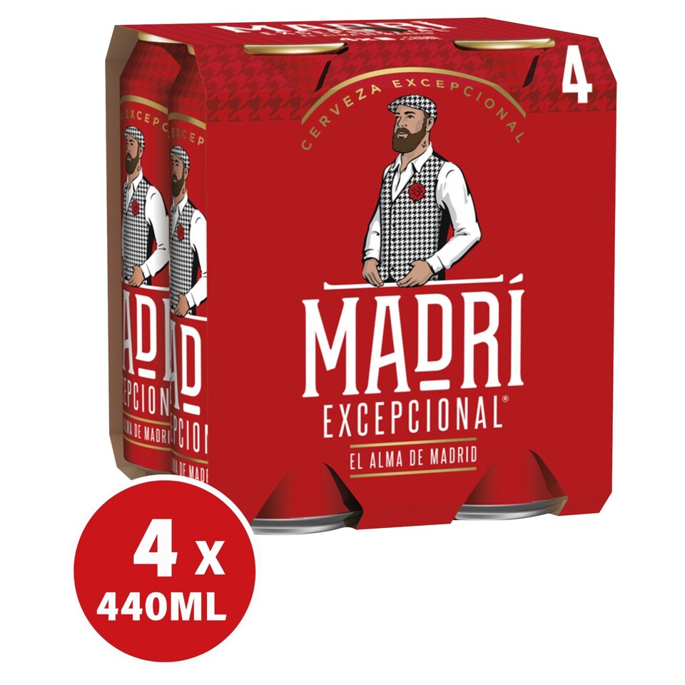 Madri Excepcional Premium Lager Beer Can 4 x 440ml - Tesco Groceries