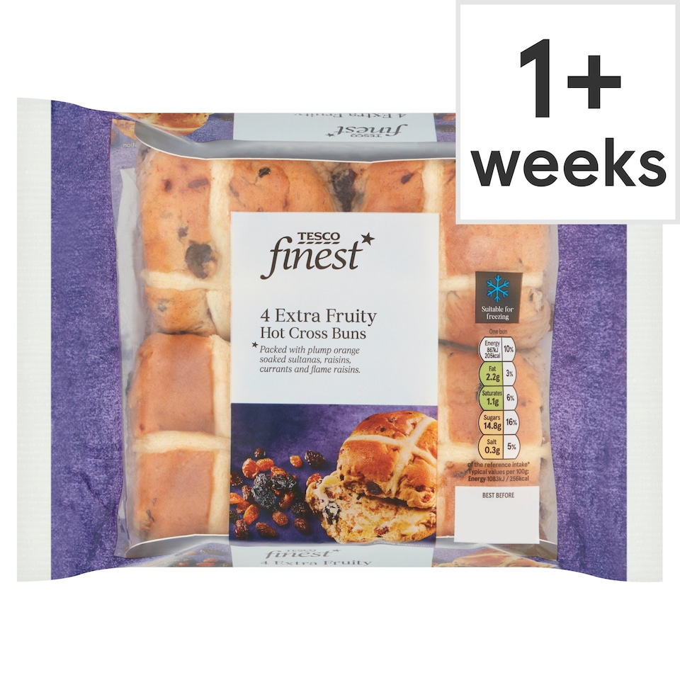 Tesco Finest Extra Fruity Hot Cross Buns 4 Pack - Tesco Groceries