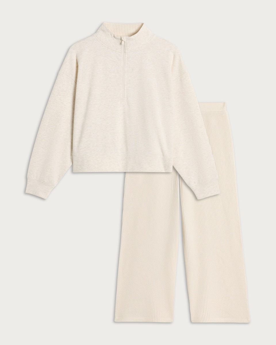 F&F 2-Piece Ribbed Half Zip Top and Bottoms Pyjama Set in Neutral ...