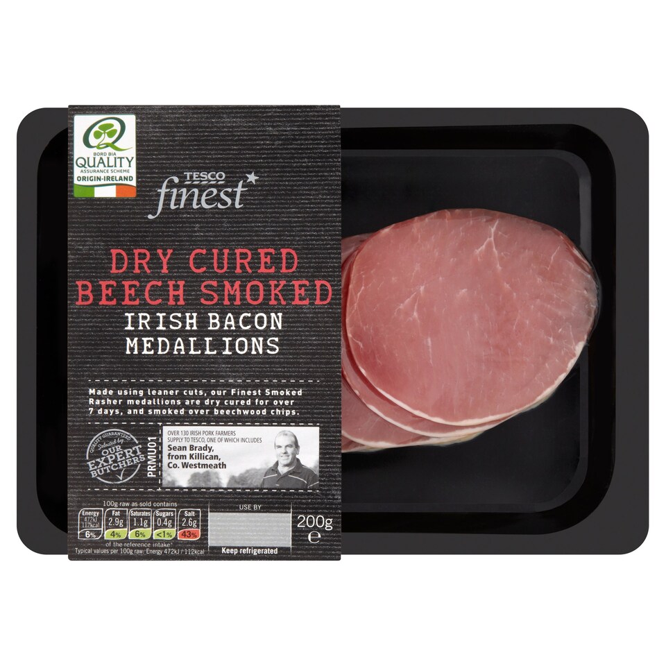 Tesco Finest* Dry Cured Beech Smoked Bacon Medallions 240G - Tesco ...