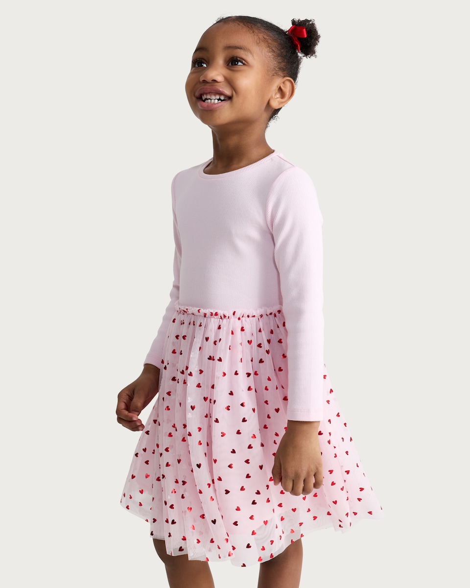 F&F Girls Heart Print Long Sleeved Dress in Pink - Tesco Groceries