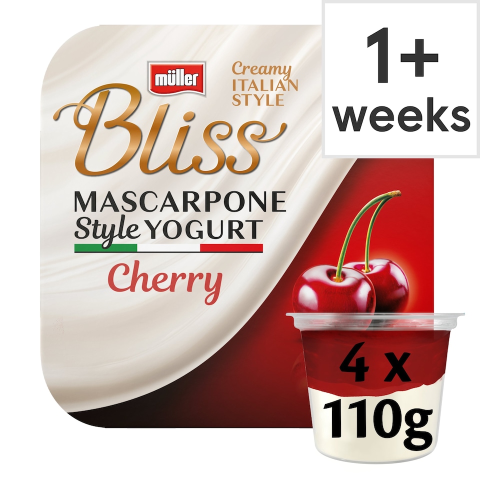 Muller Bliss Mascarpone Cherry Yogurts 4 x 110g - Tesco Groceries