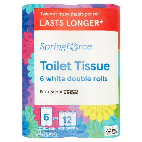 Spring Force Toilet Tissue 6 White Double Rolls - Tesco Groceries